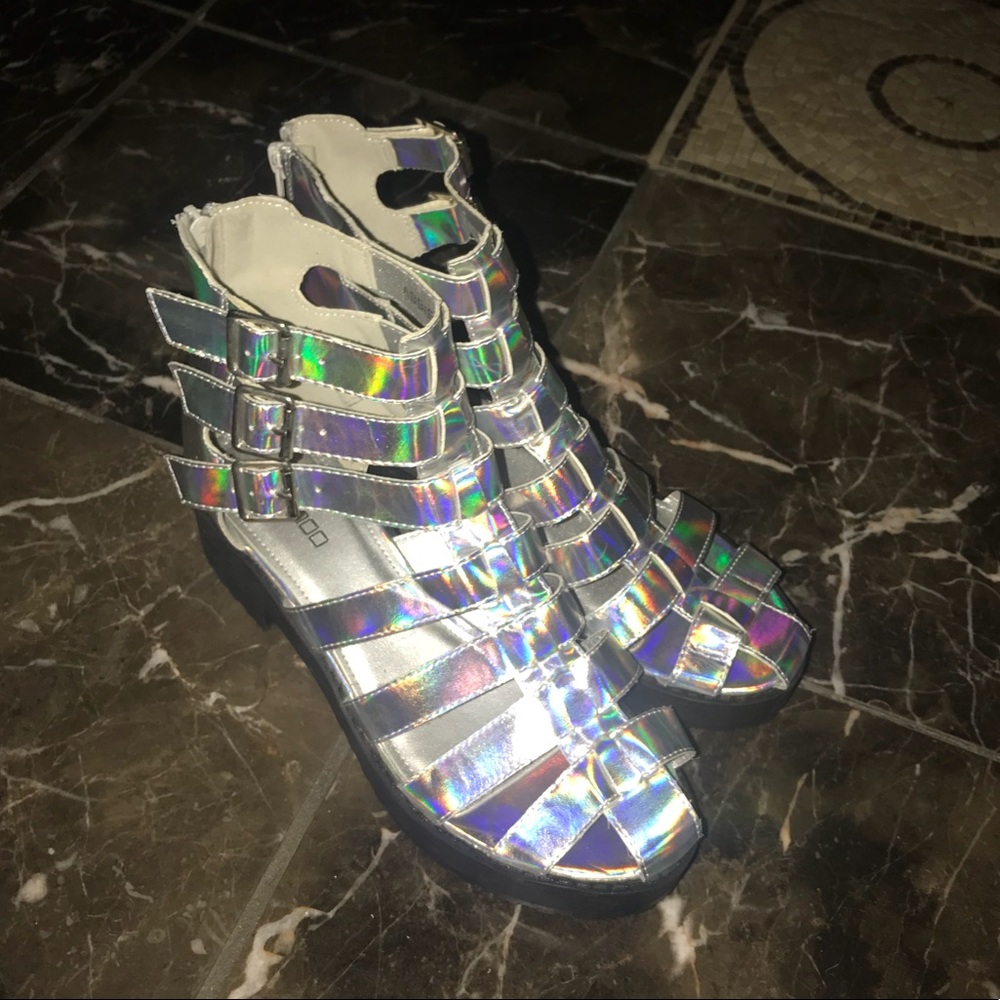 Holographic Iridescent Gladiator Platform Sandals - Gem